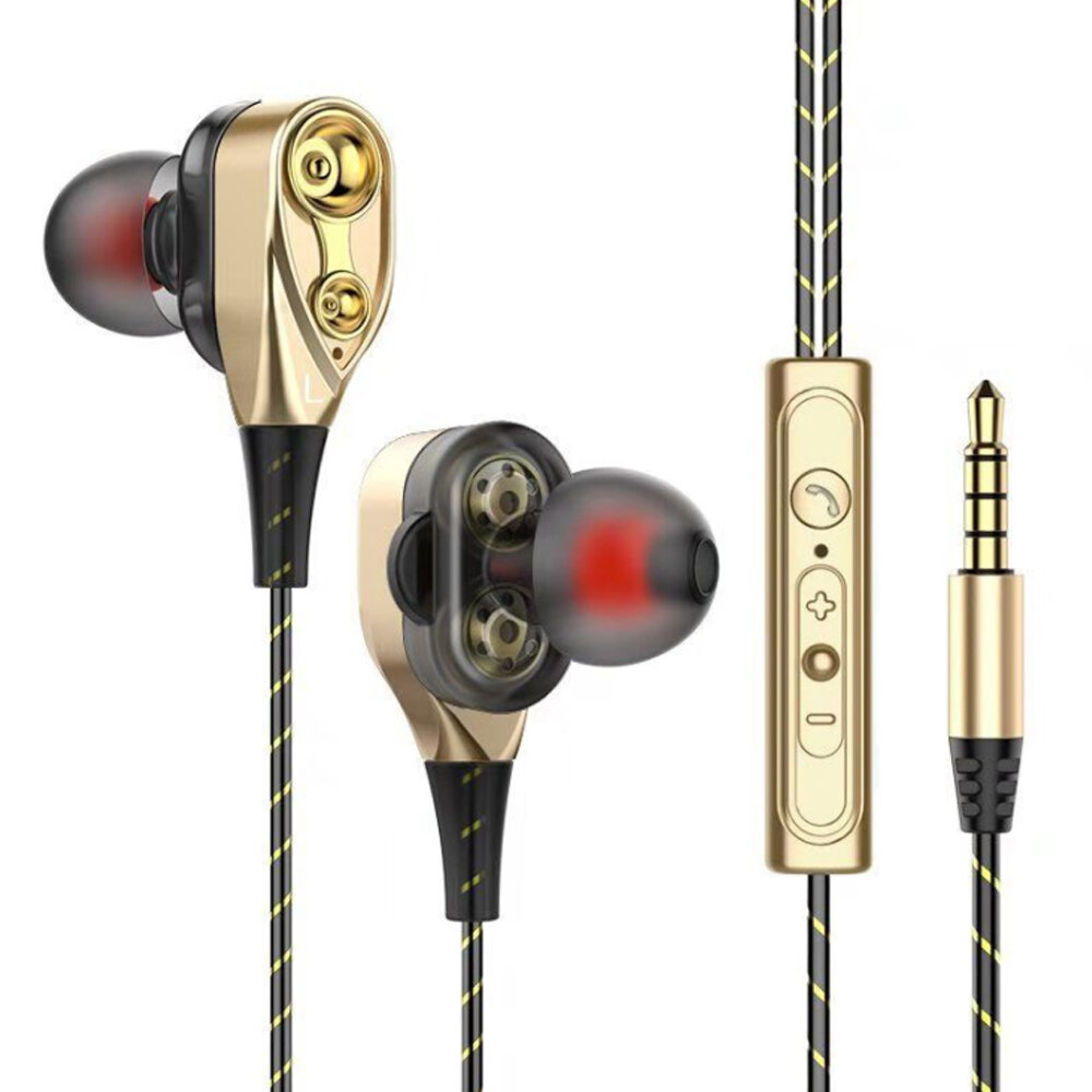 Dual-Dynamic Quad-core 3.5mm Noise Isolation Sport In-ear Earphone with Microphone and Subwoofer for Universal Mobile Phone Flexible, цвет: черный, красный, золотой, серебристый, длина кабеля: 1.2m, вес товара: 10g, вес упаковки: 16g, размер упаковки: