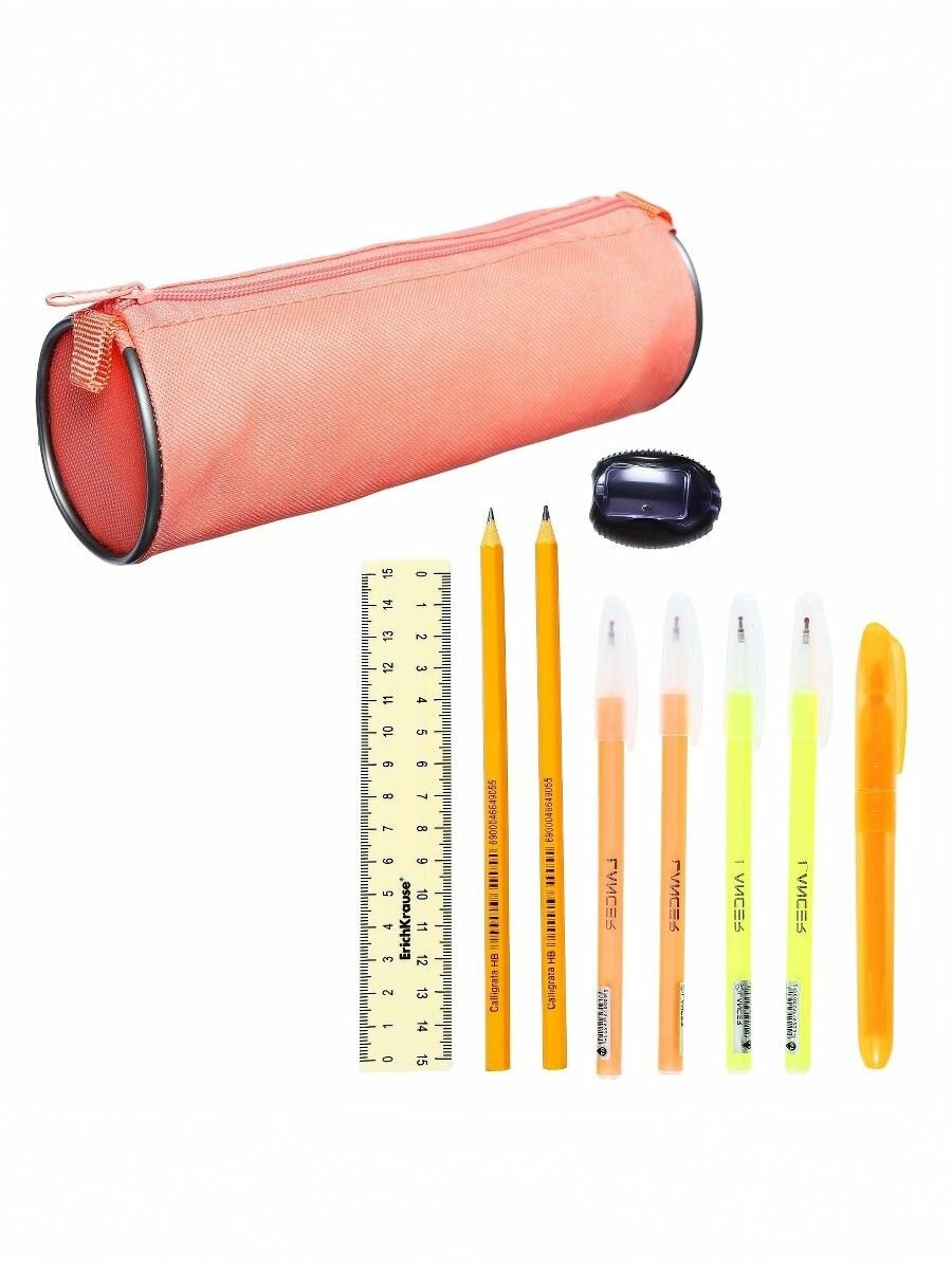 Набор канцелярский 10 предметов (Пенал-тубус 65х210 мм, ручки 4 штуки синий, линейка 15 см, точилка, карандаш 2 штуки, текстовыделитель)