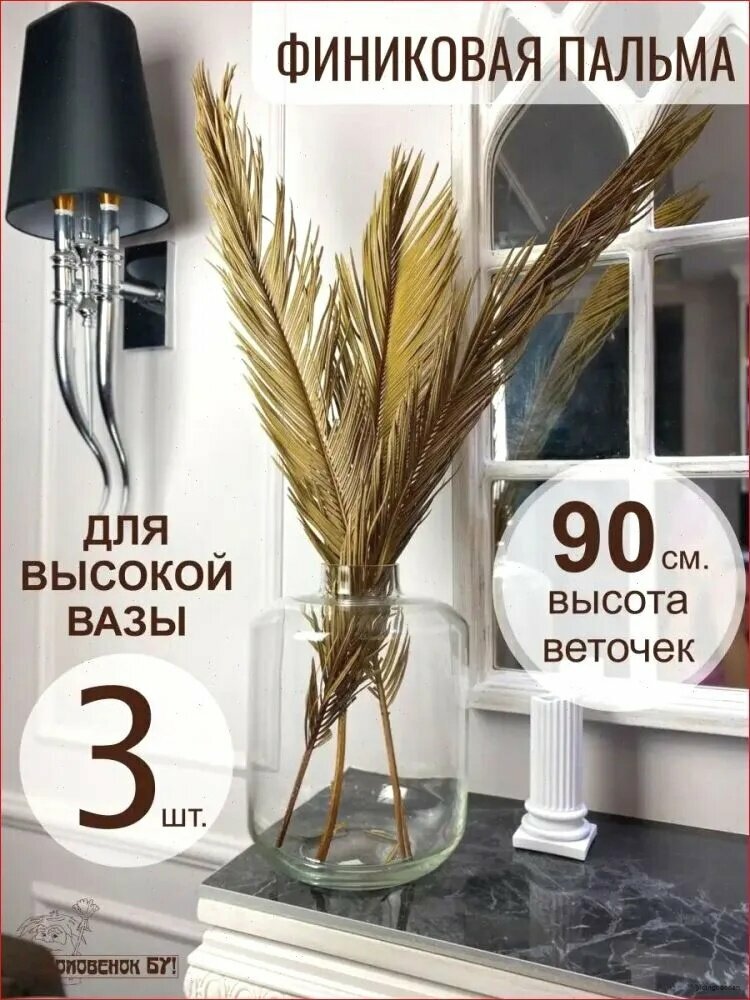 Сухоцветы Пальмовые листья, 90 см, 300 гр, 3 шт