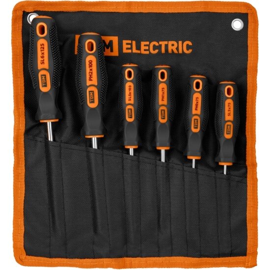 Набор отверток Tdm Electric 6 шт: SL:3х75,5х100,6х125, PH:0х75,1х75,2х100 (тканевый чехол), CR-V "Алмаз" (SQ1013-0203)