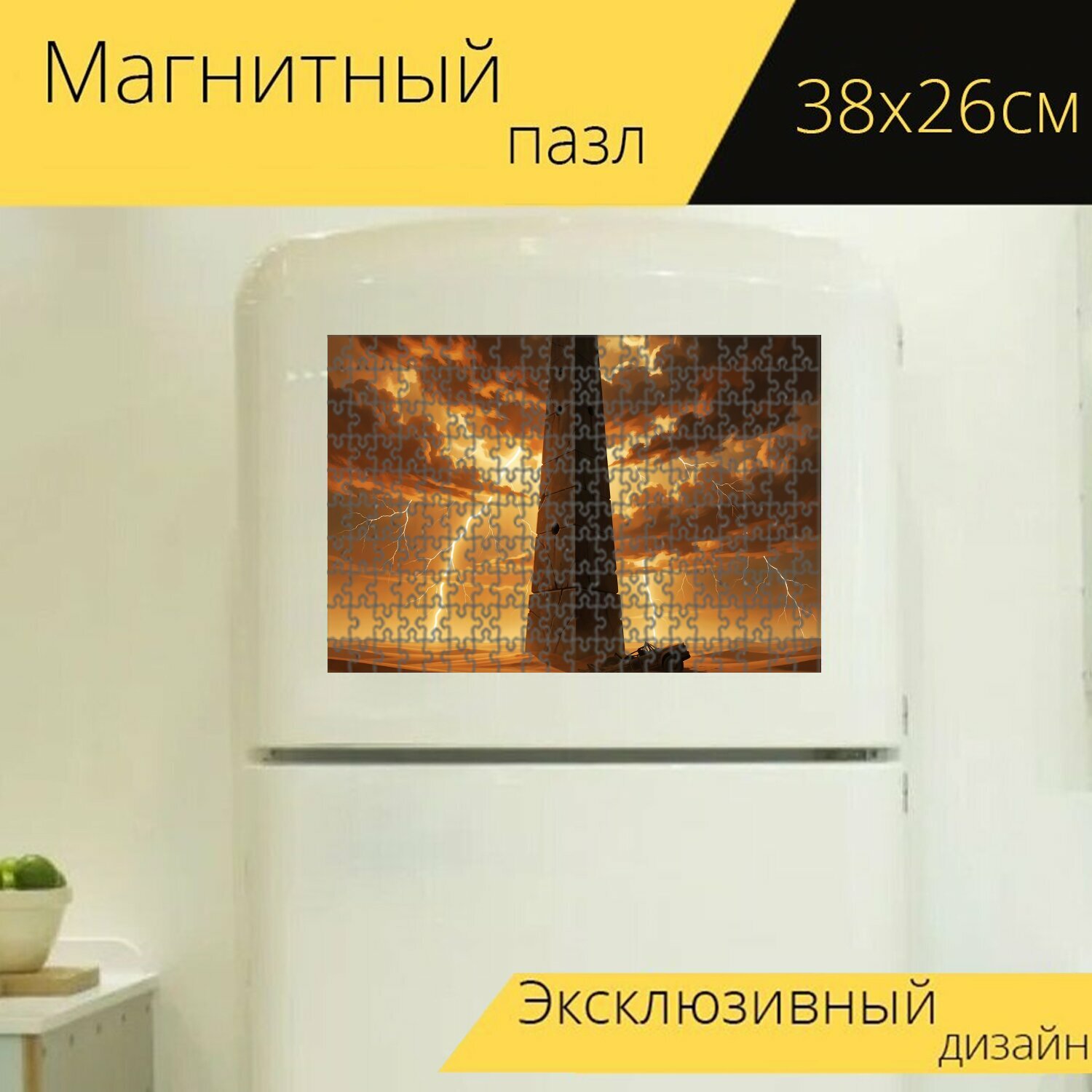 Магнитный пазл "Монолит среди песчаной бури. Огромный древний каменный столб в оранжевом небе, молнии и грозовые тучи над дюнами, рядом брошенный." для интерьера, 38х26 см.