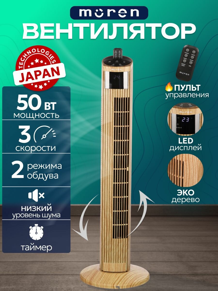 Вентилятор колонный механический, 3 скорости, дисплей, пульт ДУ, 50Вт, 102см, дерево