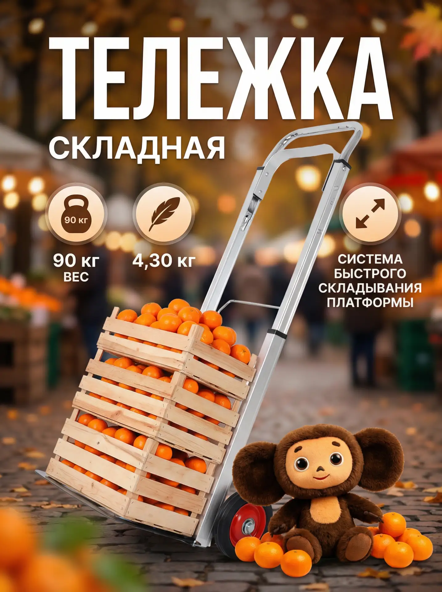 Тележка хозяйственная складная на колесах, ручная алюминиевая тележка для грузов до 90 кг