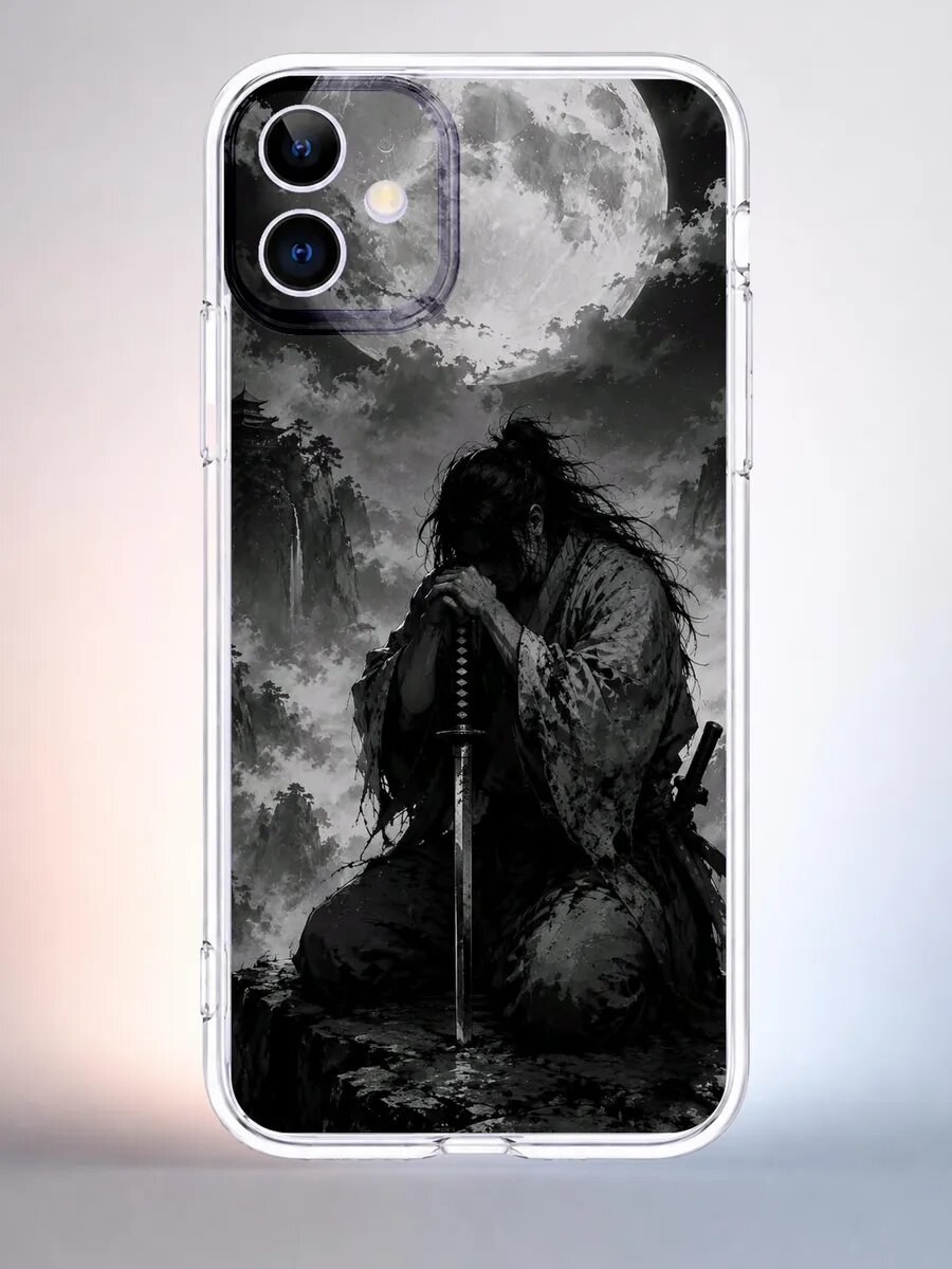Чехол iPhone 11 самурай и луна силиконовый прозрачный
