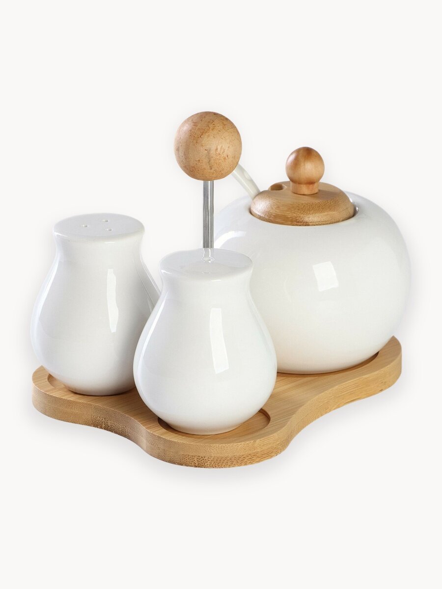 Набор фарфоровый для специй Доляна «Эстет», 3 предмета: солонка 80 мл, перечница 80 мл, сахарница с ложкой 300 мл, цвет белый