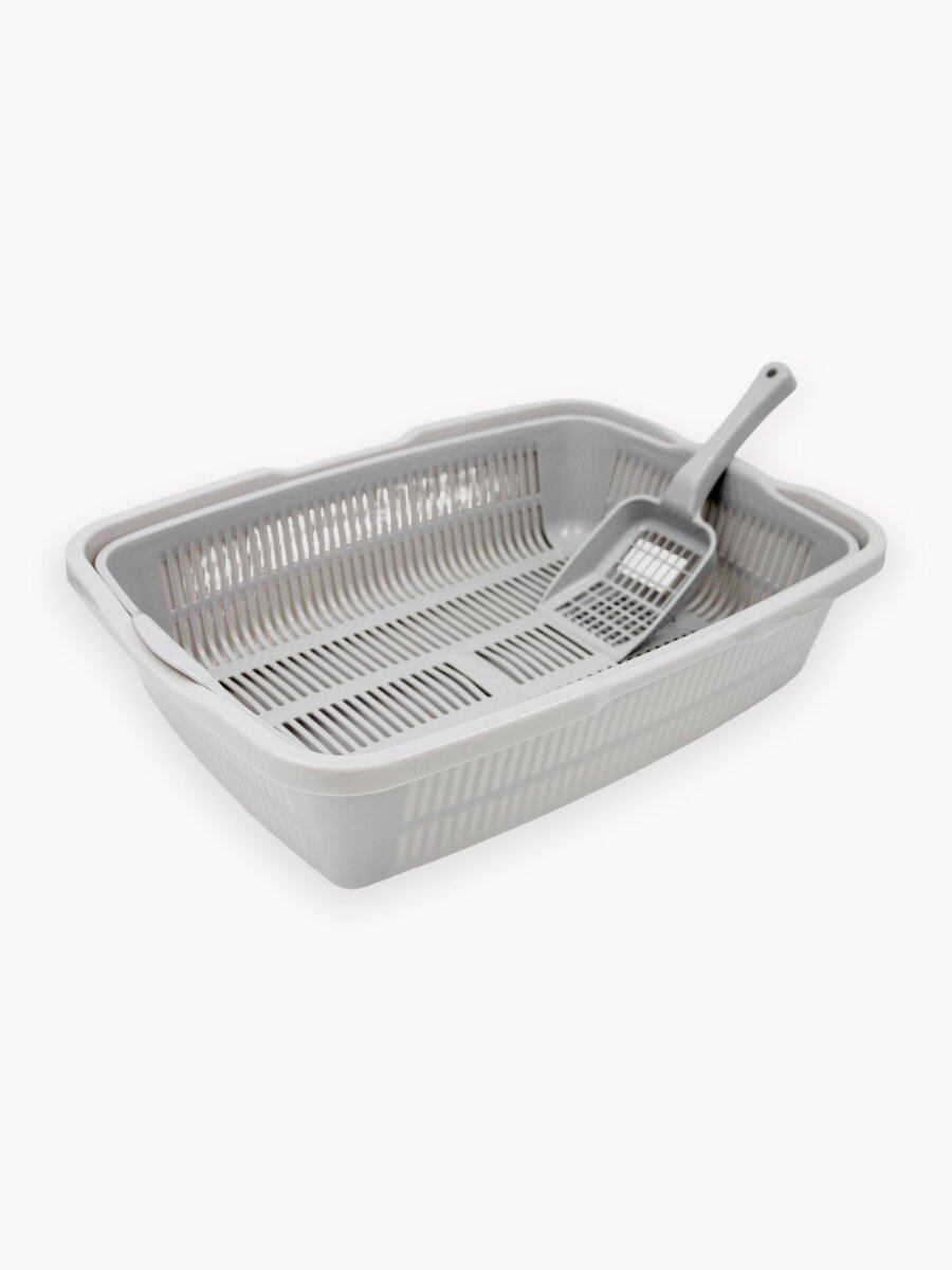 Кошачий туалет для кота с совком и сеткой, большой, светло-серый