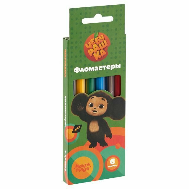 Мульти-пульти Чебурашка набор фломастеров 6 цветов, наконечники 0,5-1,0 мм смываемые