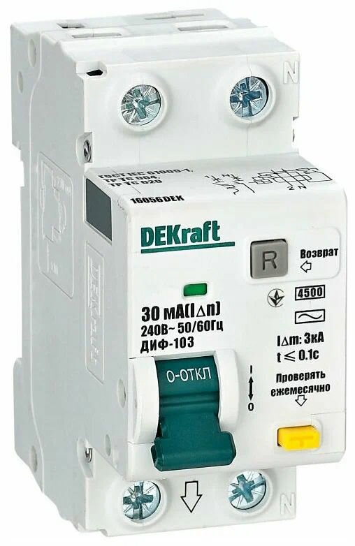 Автоматический выключатель Дифференциальный автомат DEKraft 1Р+N 10А 30мА тип AC С ДИФ-103 6кА, 16203DEK