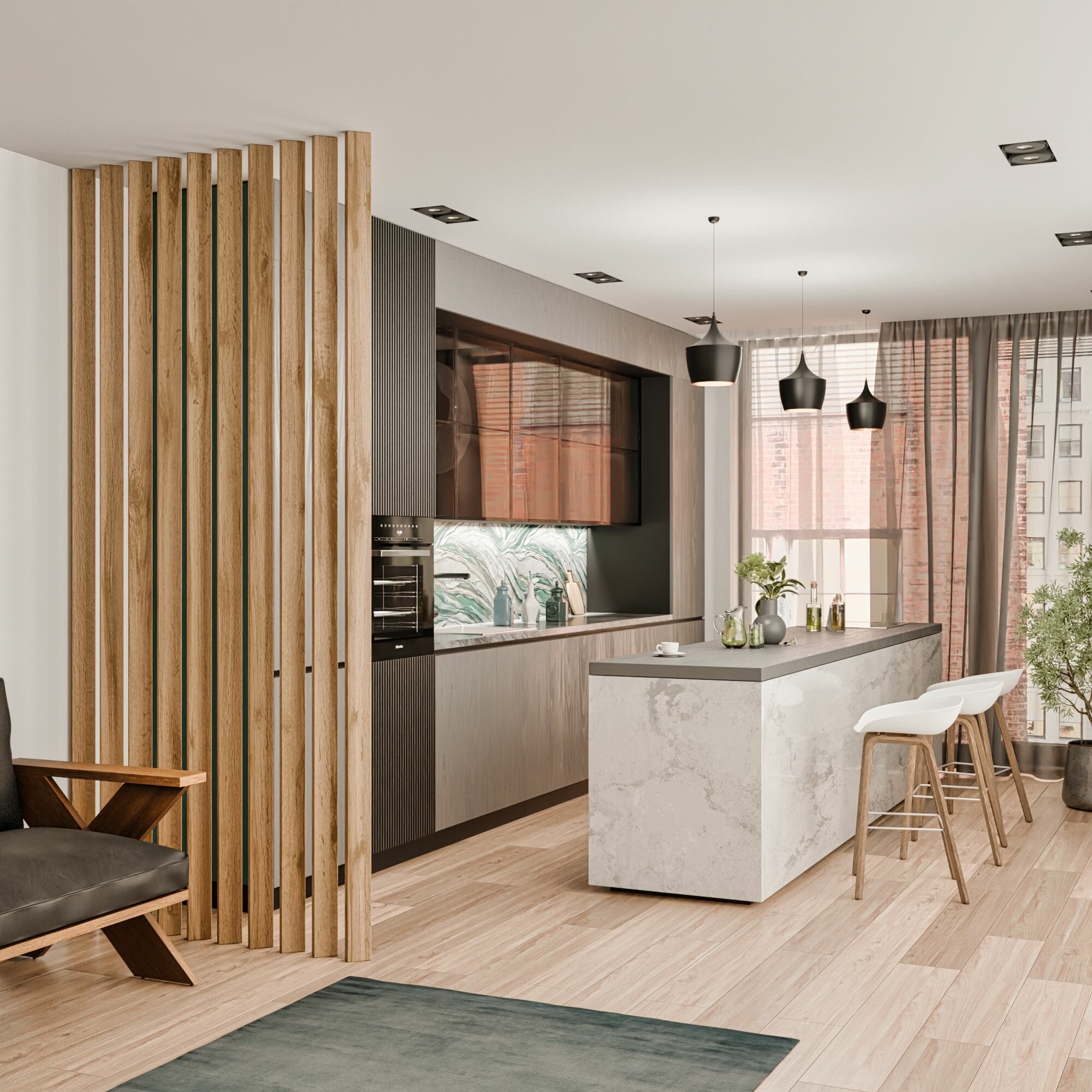 Перегородка реечная для зонирования, отдельностоящие 40х80 мм, ширина 1236 мм, дуб вотан