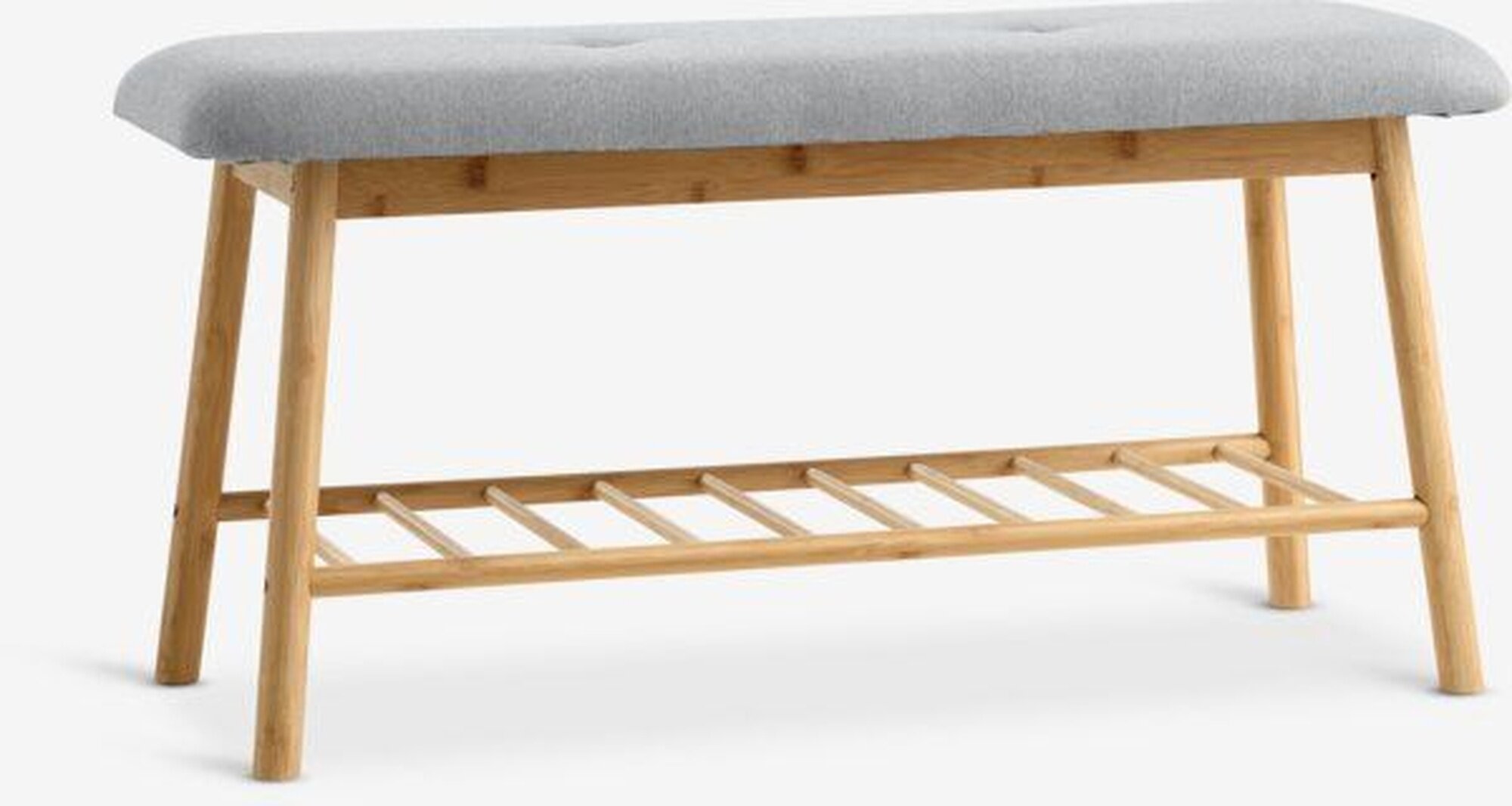 Скамейка Jysk VANDSTED с полкой, серая ткань/бамбук Ш90 x В45 x Г34 см