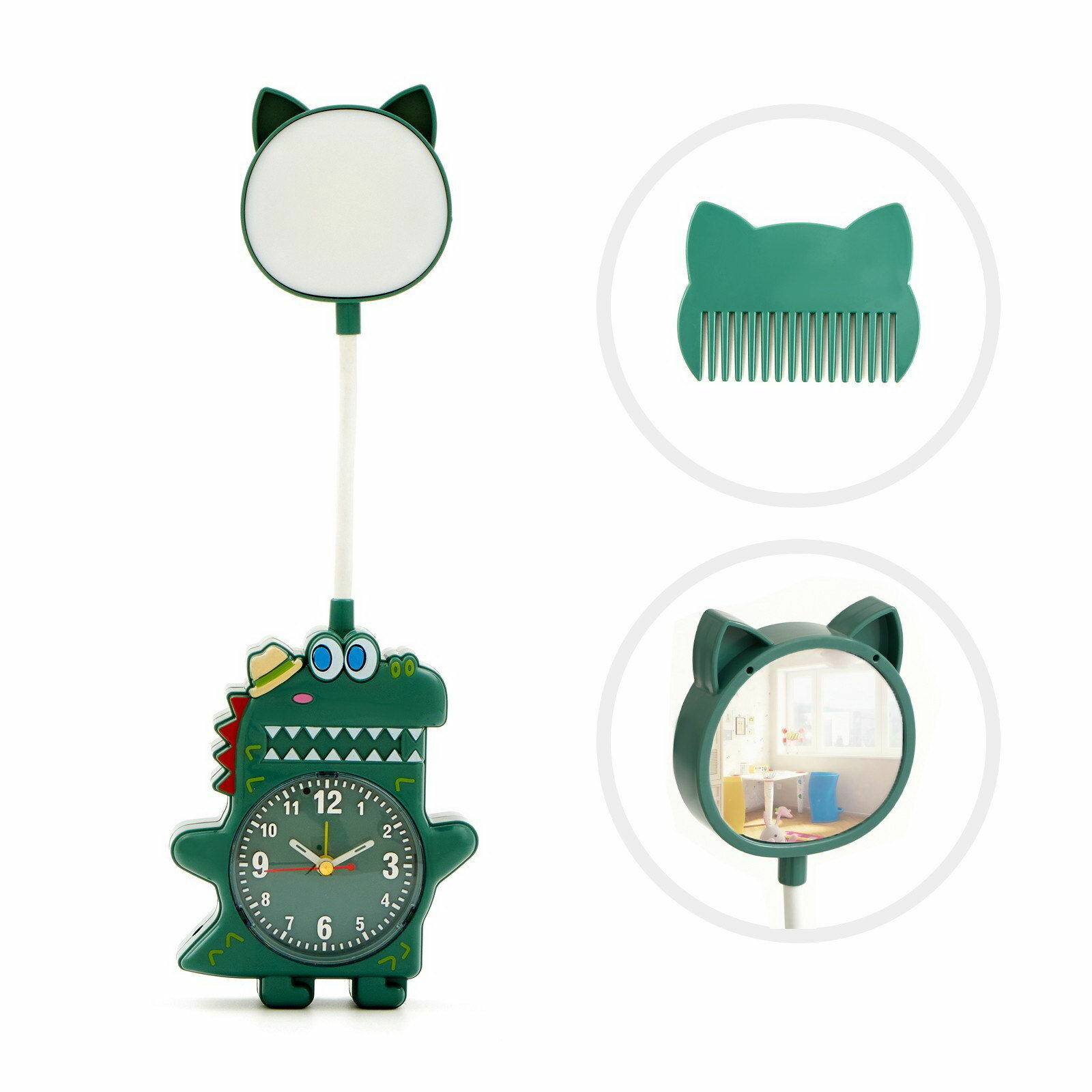 Часы настольные детские "Динозавр", подсветка, плавный ход, зеркало, расчёска, от батареек 2xАА