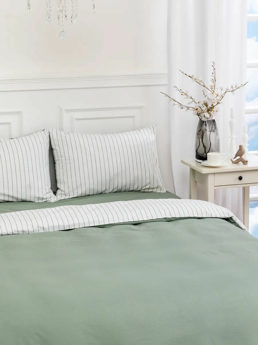 Постельное белье Семейное Cozy Home, Перкаль, 2 нав. 50х70, Jade stripe