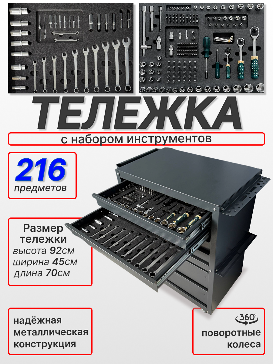 Тележка инструментальная 6-ти полочная Rockforce с набором инструментов 216 предметов в Мягких ложементах, серая