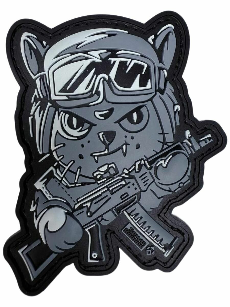 Патч №18 Шеврон Нашивка Кот-автоматчик 3D The cat machine gun 3D на липучке велкро земля воинов 8х6,5см ПВХ