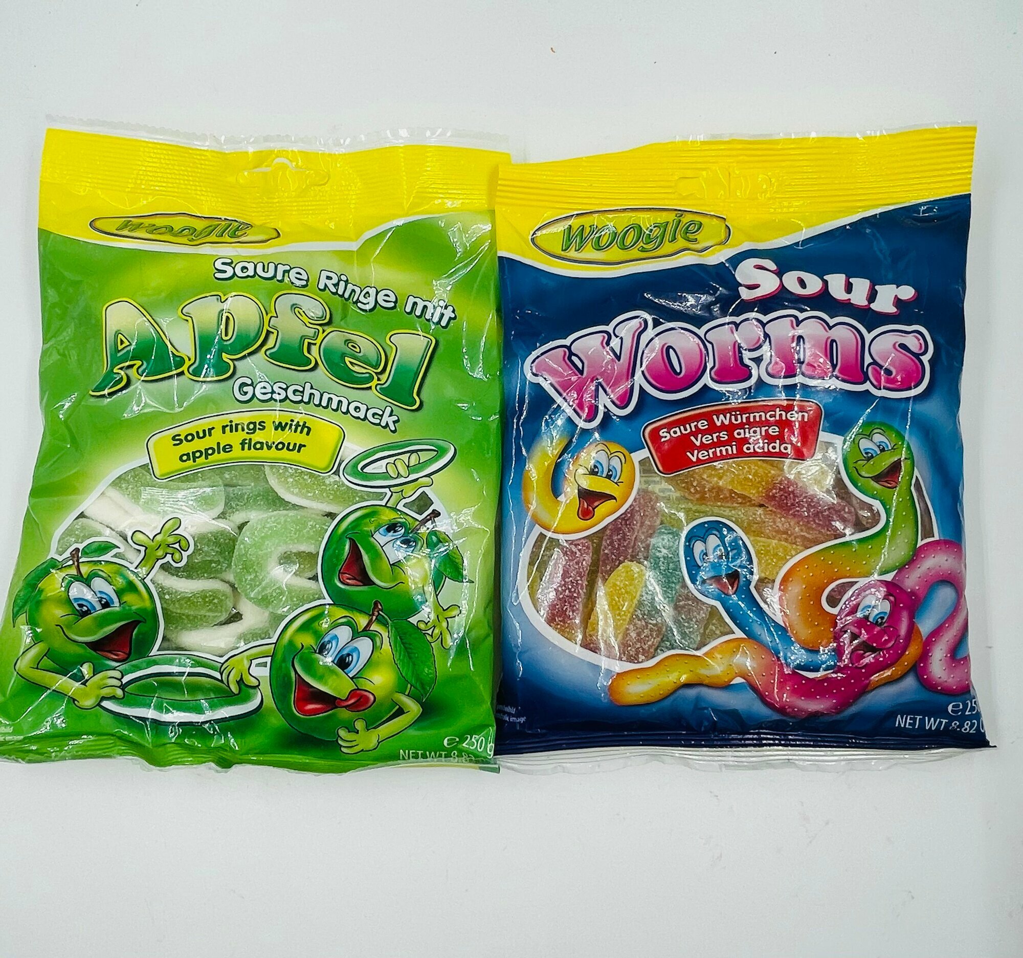 Woogie Жевательный мармелад кислые червячки и яблочные кольца, с натуральным соком, набор 2 уп. по 250 г