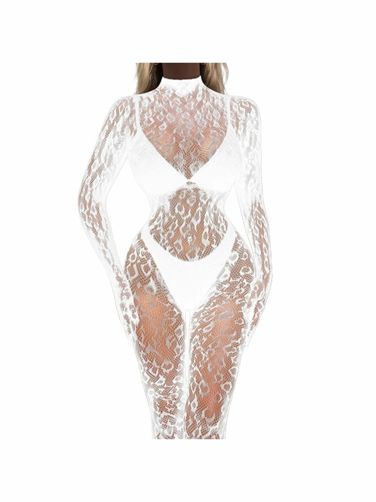 Женское нижнее белье сексуальная пижама комбинезон кружевная сетка, Белый - Один размер