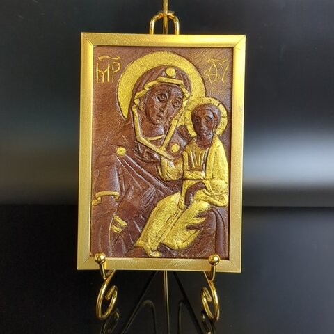 Тихвинская Божья Матерь (Тихвинская икона Богородицы). Старинная деревянная резная икона из красного дерева.