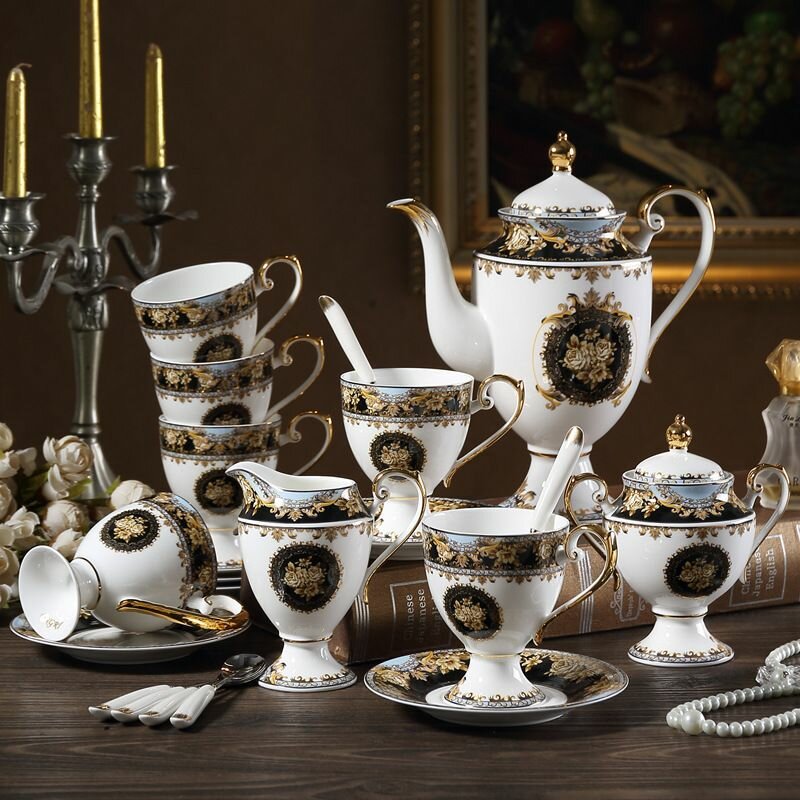 Набор посуды PAILIR, костяной фарфор, 15 предметов, золотой, чёрный, белый