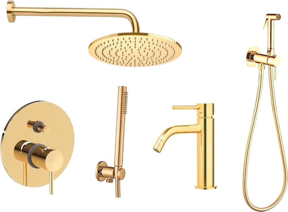 Комплект для ванной Paffoni Light KITZLIG015HG071 6 в 1, встраиваемый, с внутренней частью в комплекте, со смесителем, с тропическим душем, латунный, золотой, глянцевый, душевая система