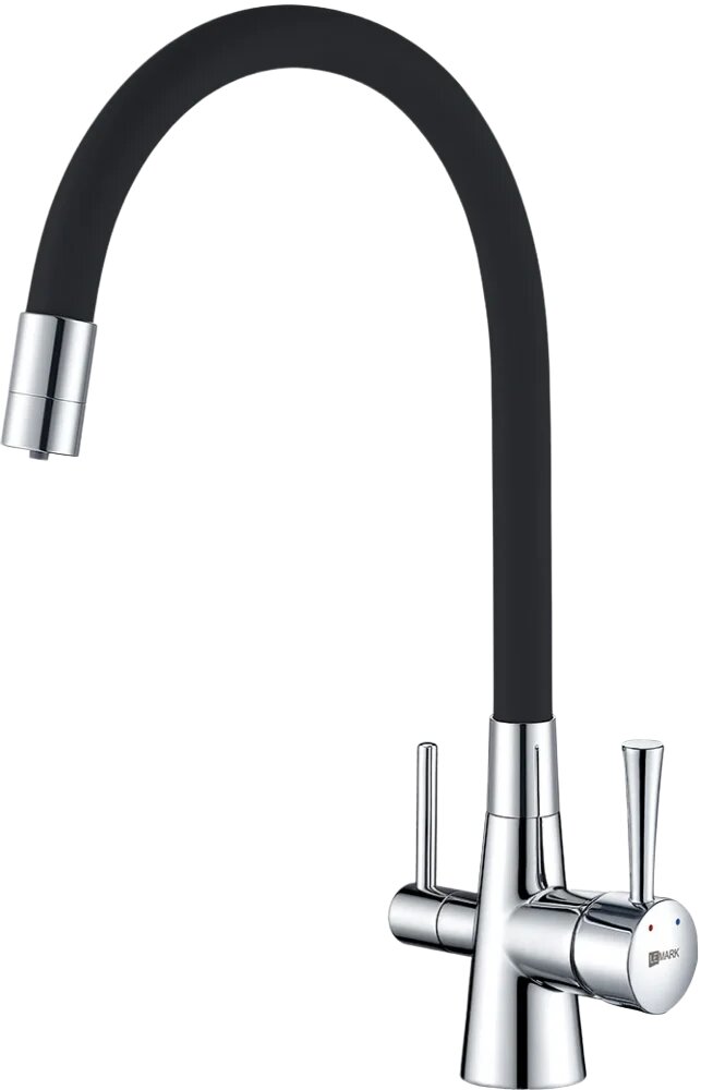 Смеситель для кухни Lemark Comfort LM3075C с гибким изливом, с краном для питьевой воды, с поворотным изливом, хром, черный, глянцевый, однорычажный, латунный, с керамическим картриджем