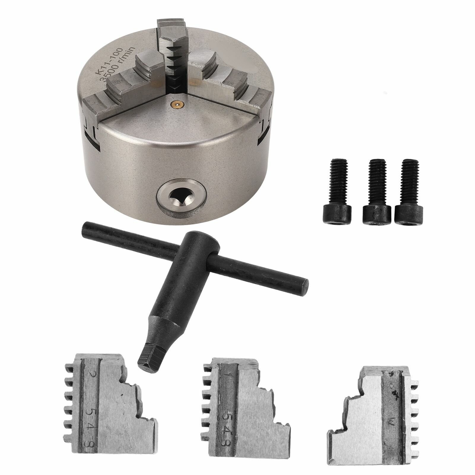 Токарный патрон K11-100, 3-кулачковый, самоцентрирующийся, металлический, с ключом