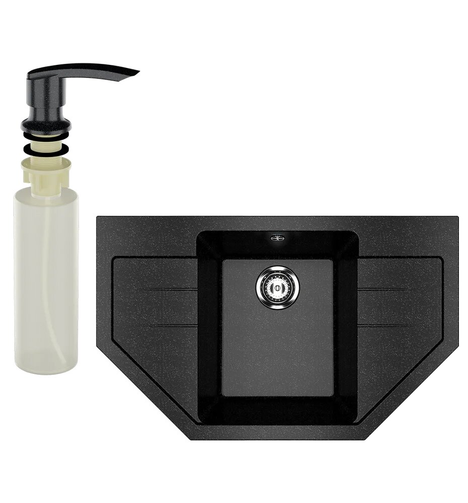 Мойка кухонная Ulgran U-609 308 мраморная, 79x49, угловая, мойка для кухни, с крылом, черная, трапеция, матовая