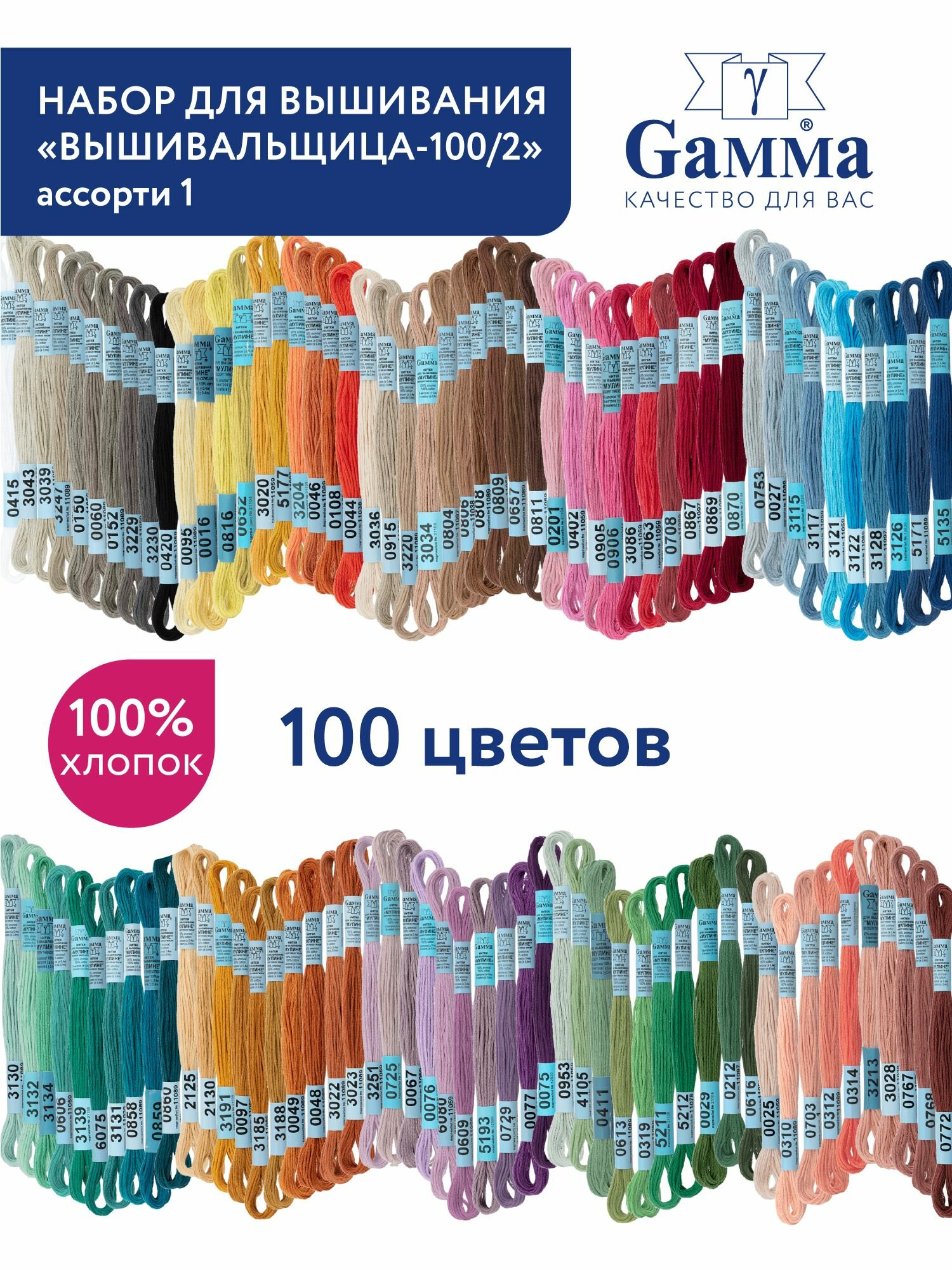 Набор нитки мулине Gamma "Вышивальщица-100/2", хлопок, 100 цветов 8 м ассорти №3