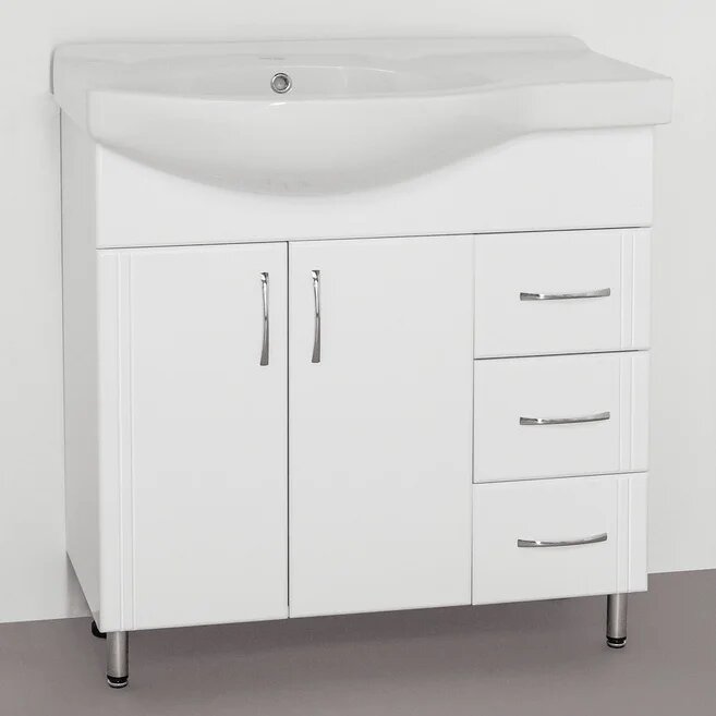 Тумба с раковиной Style Line Эко Стандарт №25 82 напольная, 83 см, белая, глянцевая, с ящиками, с дверками, раковина для ванной фарфоровая, прямоугольная
