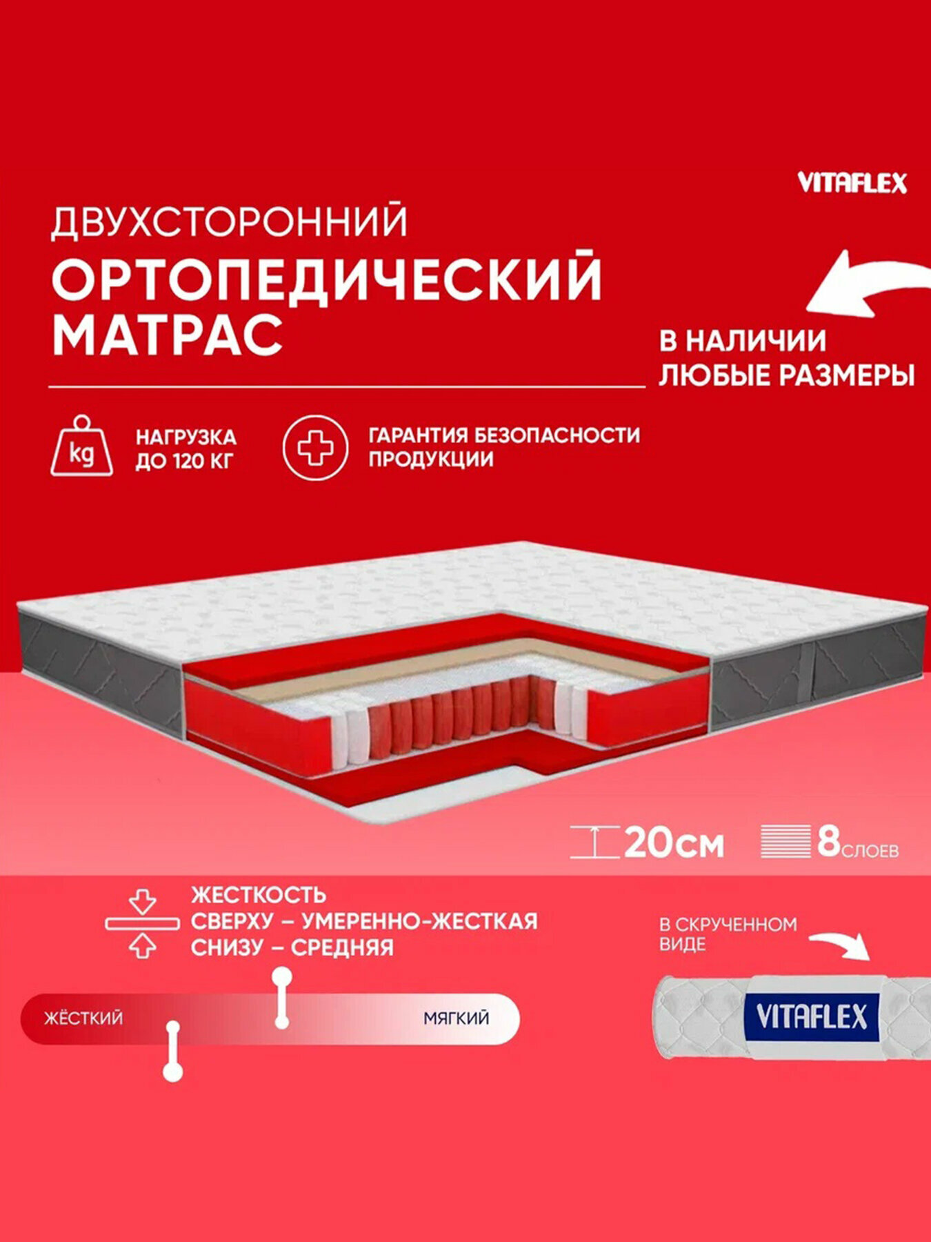 Матрас ортопедический 120х180 Vitaflex Anatomic I Sk пружинный, ППУ, с кокосом, разная жесткость, в рулоне