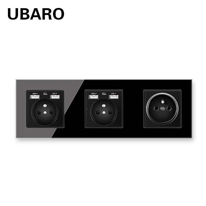 UBARO французская стандартная черная настенная розетка из закаленного стекла с Usb 5 в 2 а электрические розетки, 110-250 В, FS-258-U2-B1