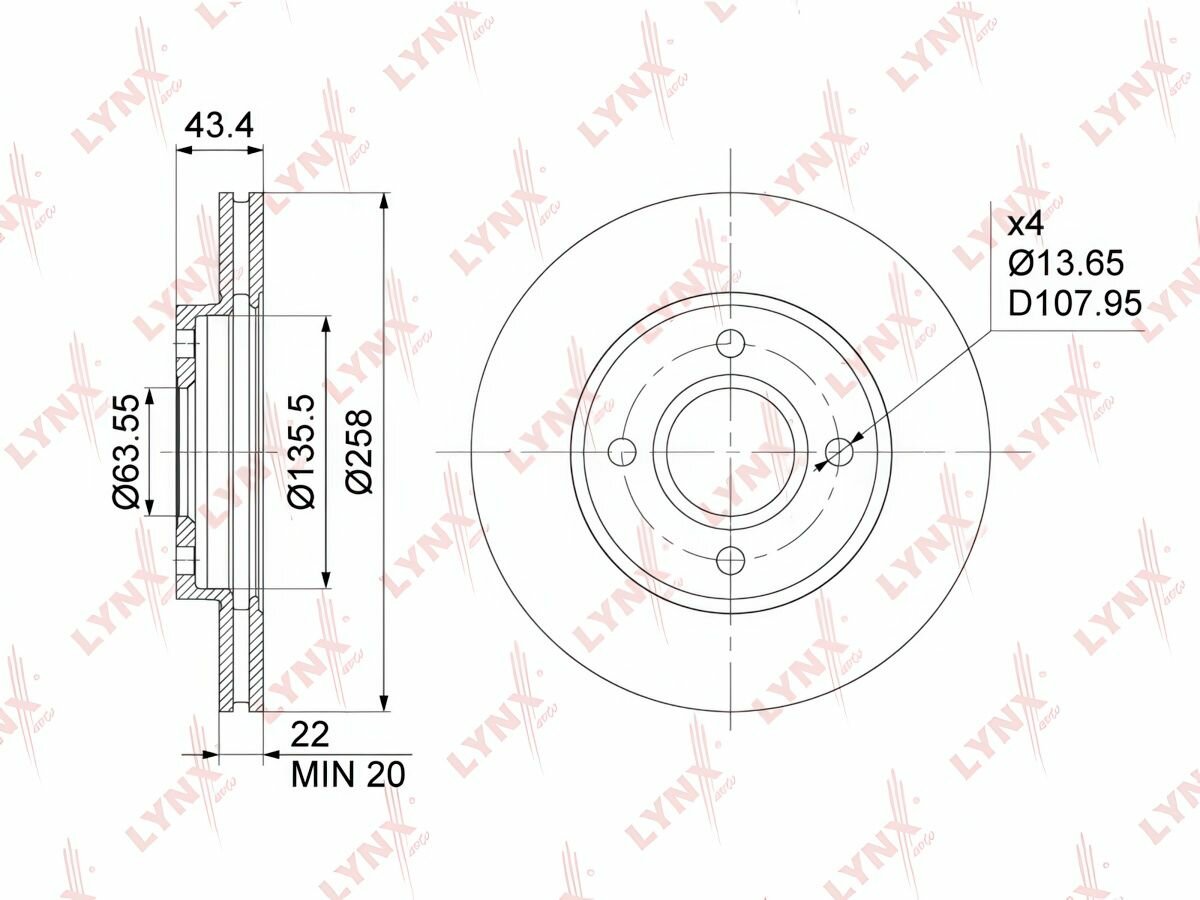 Диск тормозной передний, для Форд Фиеста, 4, 5, Фокус 1, Фьюжн арт BN1026 LYNXAUTO