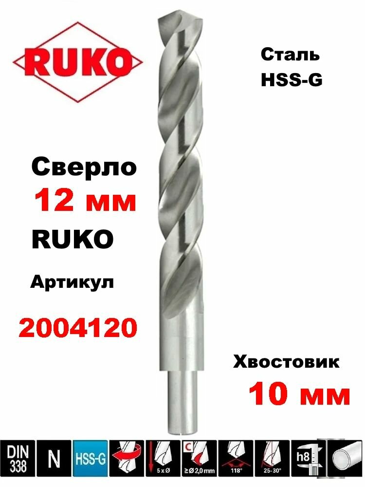 Сверло по металлу 12х151мм Ruko 2004120 хвостовик 10 мм HSS-Е DIN 338