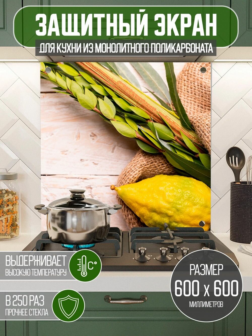 Защитный экран для кухни 600 х 600 х 3 мм "Оливки", акриловое стекло на кухню для защиты фартука, прозрачный монолитный поликарбонат, 600-020