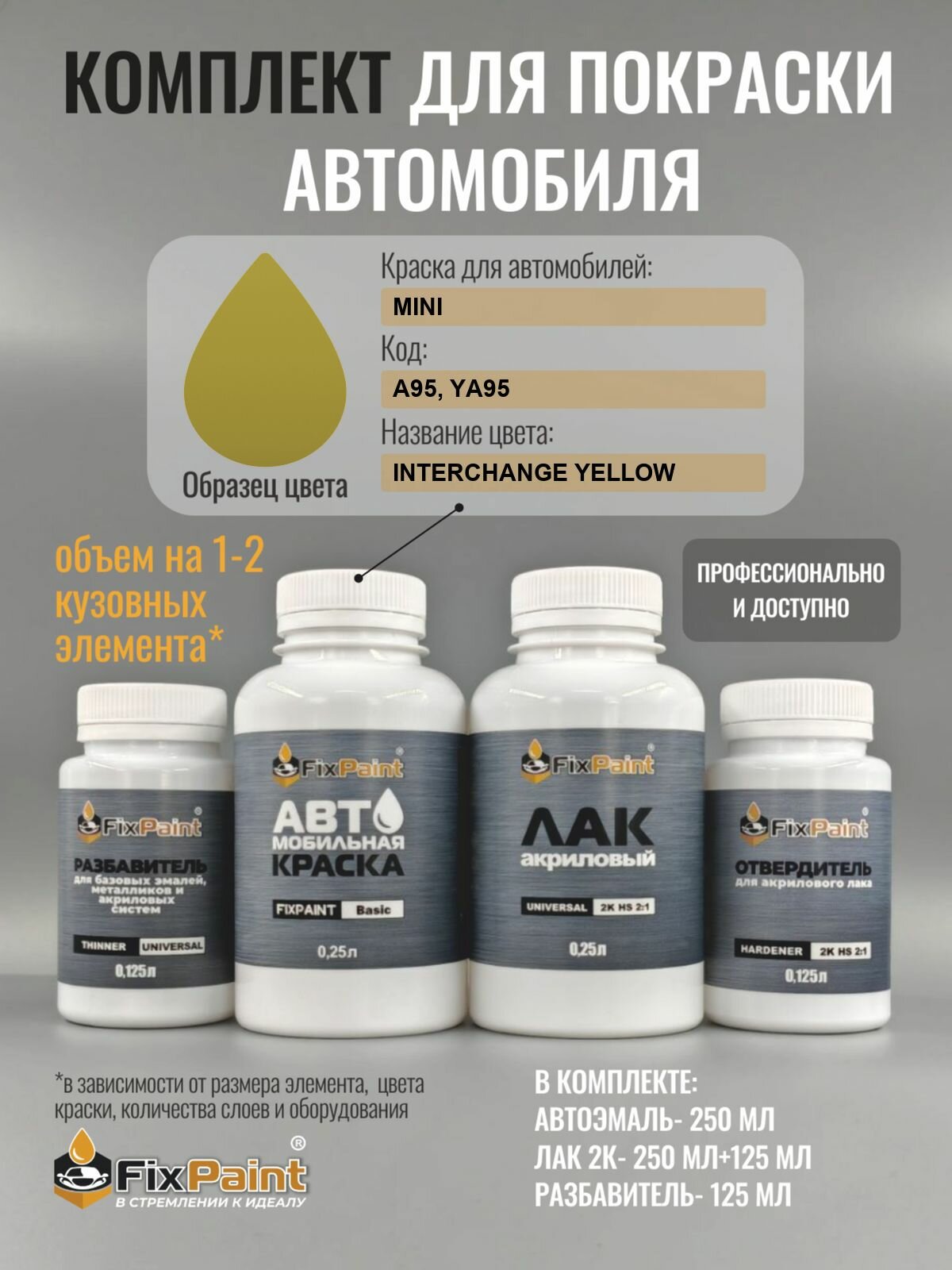Комплект для покраски MINI, код A95, YA95, INTERCHANGE YELLOW, базовая автомобильная эмаль 250 мл, лак 2K 250 мл с отвердителем, разбавитель 125 мл, FixPaint Pro