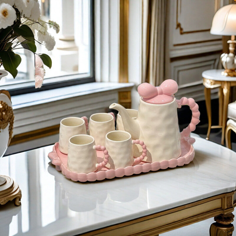 Эстетический чайный набор из керамических чашек с графином и подносом, розовый