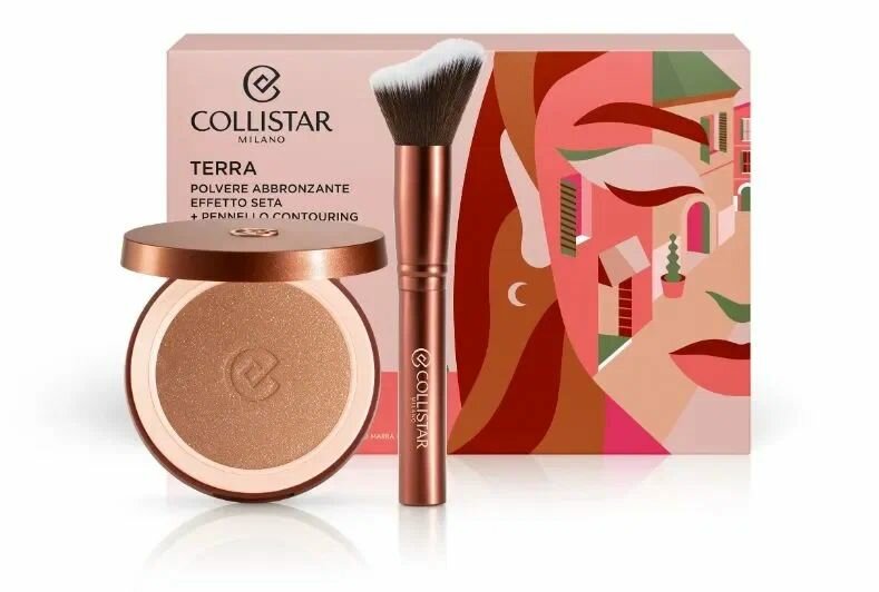 Collistar - Набор: Бронзирующая пудра 09 Cristalli di Sole Shimmer 10 гр + Кисть для контуринга
