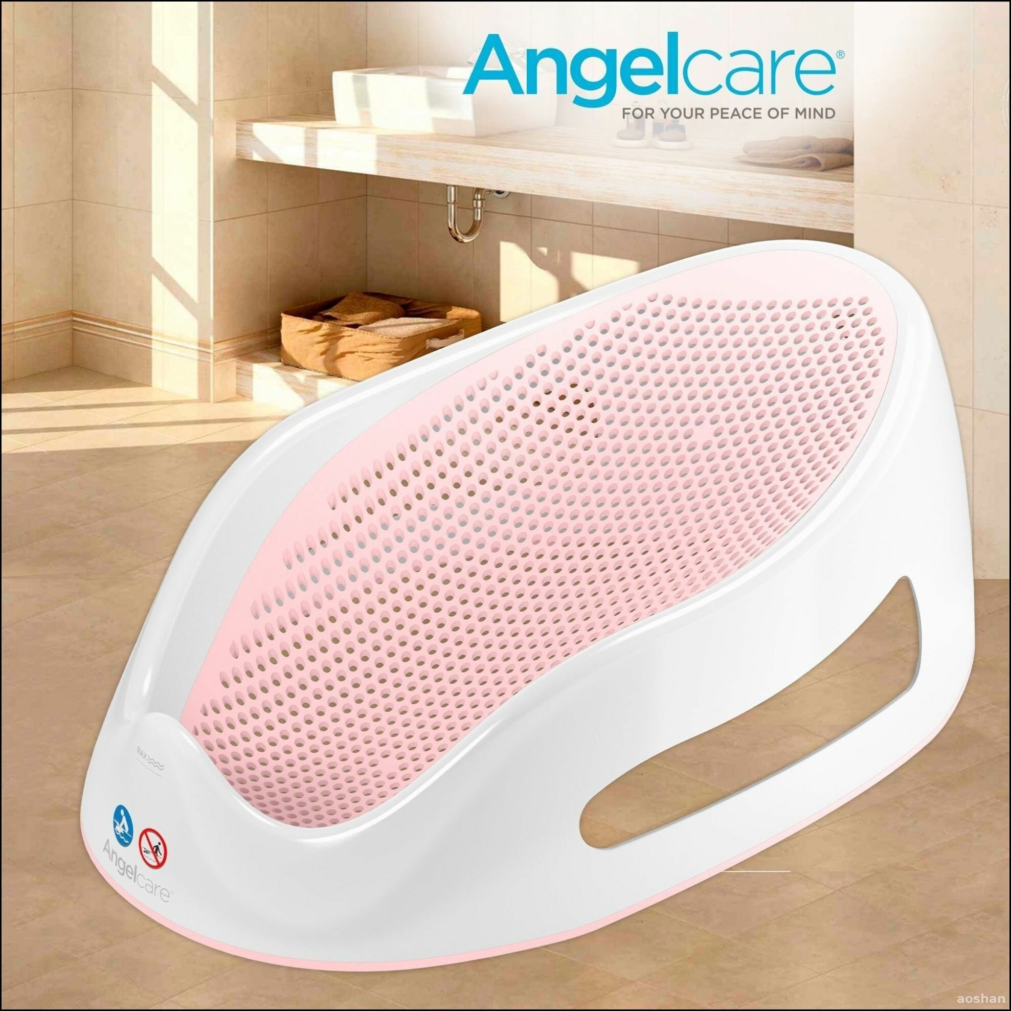 Горка-лежак для купания Angelcare Bath Support светло-розовая, до 6 мес, с антискольж, индикатором и креплением