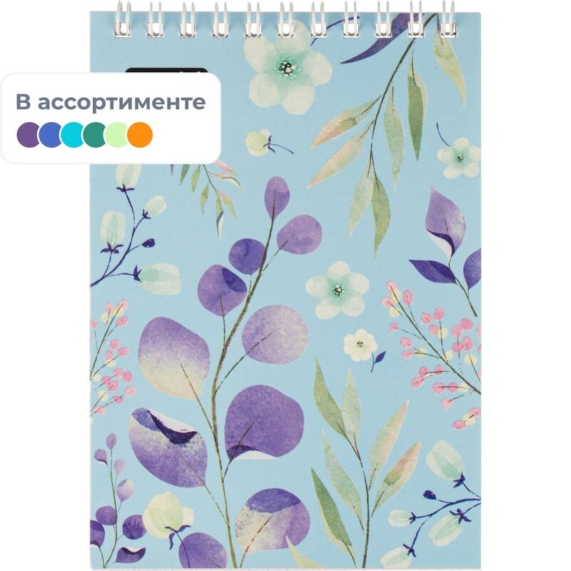 Блокнот А6,40л, клетка, гребень Цветы, в ассорт