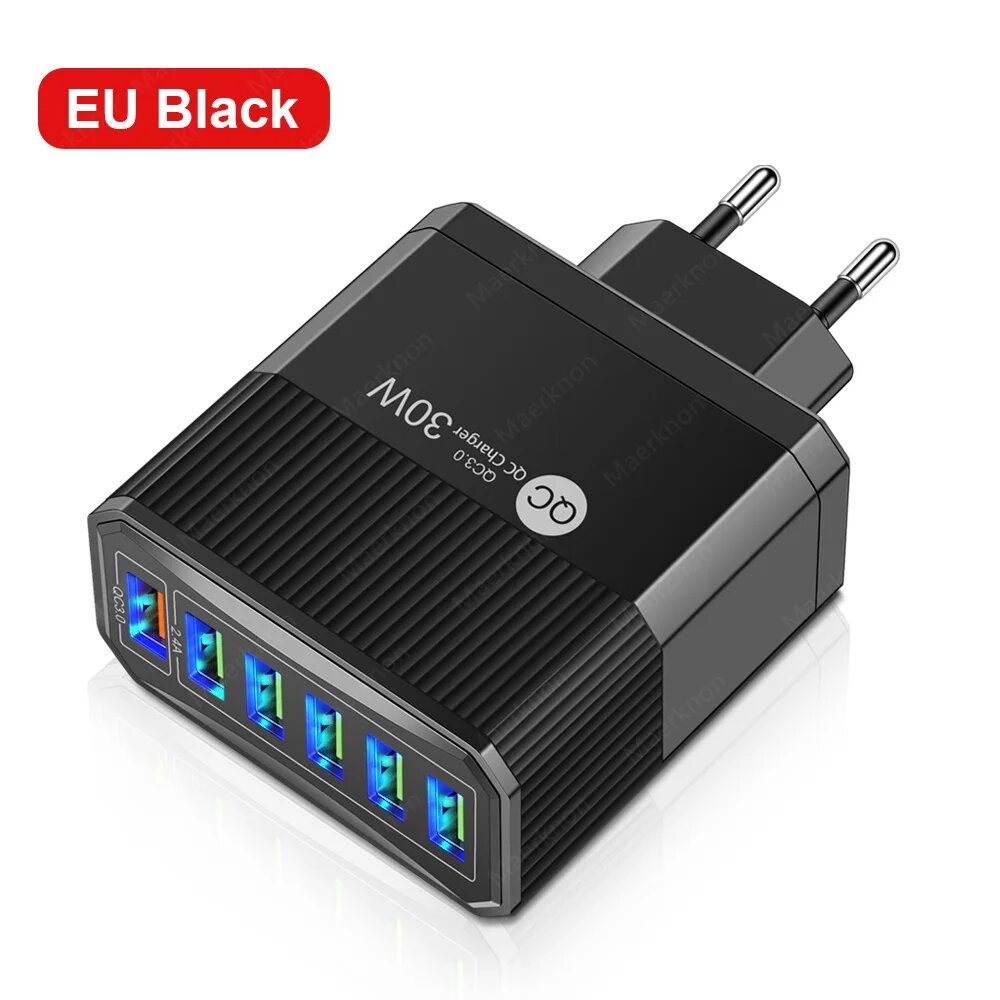 Зарядное устройство с 6 USB-портами и поддержкой быстрой зарядки, 30 Вт Черный, Black EU