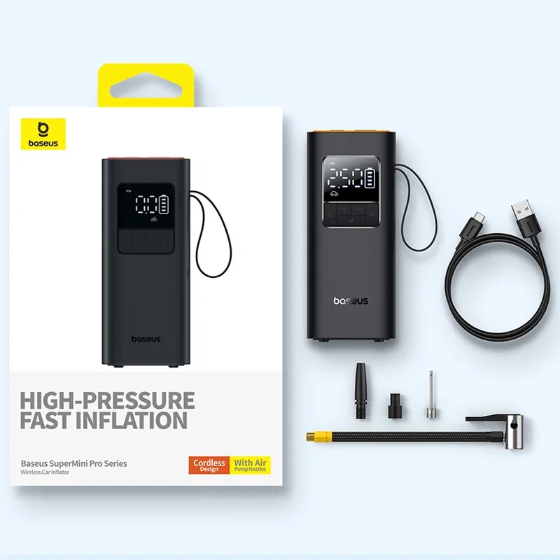 Воздушный насос Baseus портативный беспроводной автомобильный компрессор для автомобиля велосипеда мотоцикла перезаряжаемый цифровой электрический насос для шин, Питание от аккумулятора, белый
