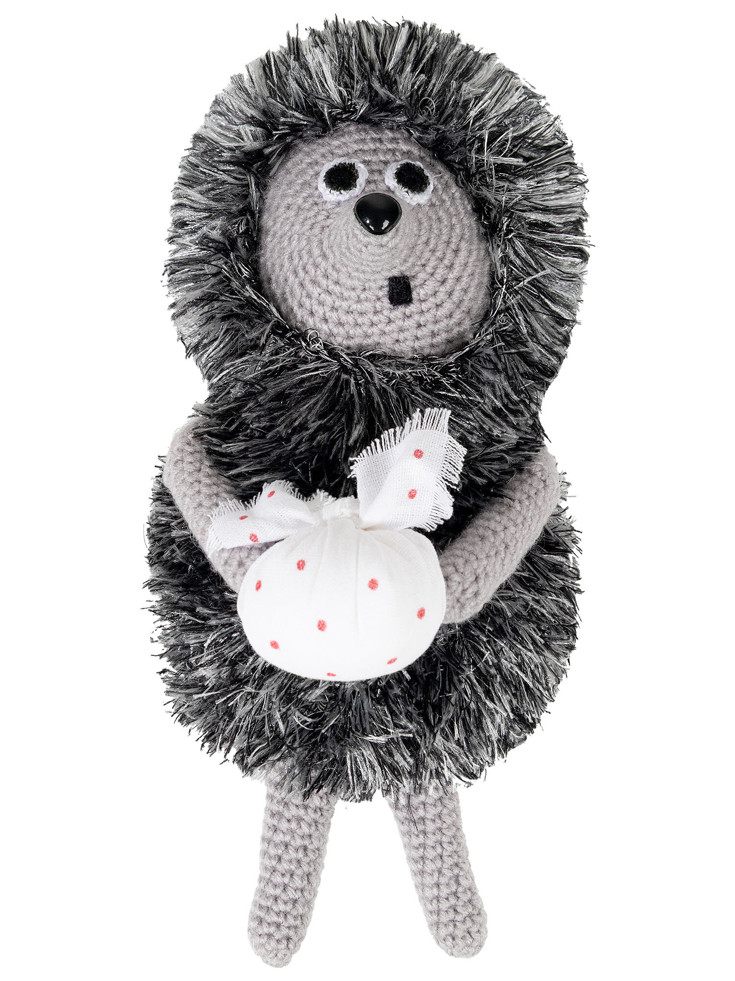 Мягкая сувенирная игрушка ручной работы Ежик с узелком 23 см вязаный серый (большой) (СФ-01)