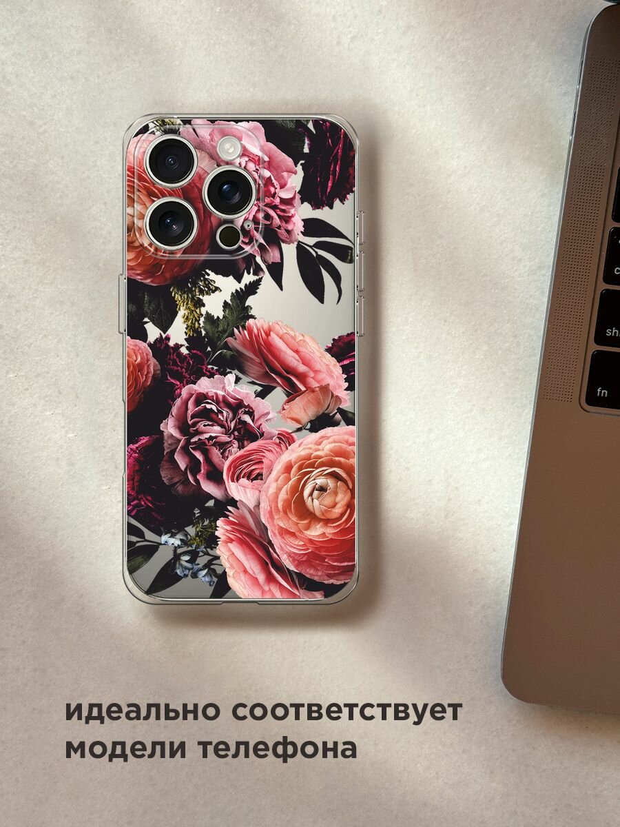 Чехол на Apple iPhone 16 Pro / Айфон 16 Про с принтом "Бордовые винтажные цветы", прозрачный — фото 1