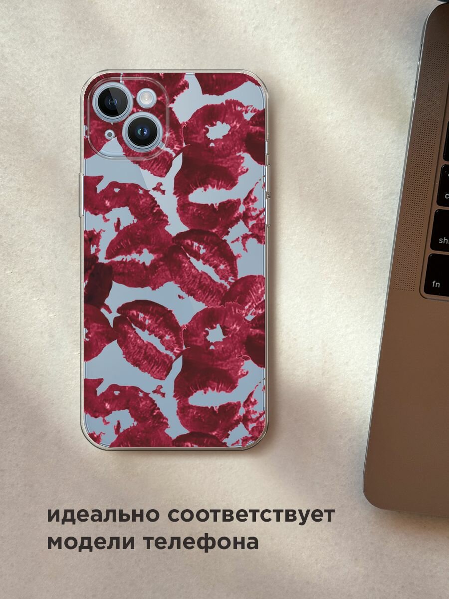 Чехол на Apple iPhone 14 / Айфон 14 с принтом "Помада паттерн 2", прозрачный — фото 1