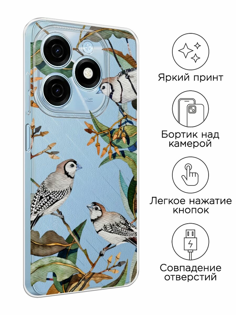 Чехол на Tecno Spark 20 / Текно Спарк 20 с принтом "Птицы в листве", прозрачный — фото 1