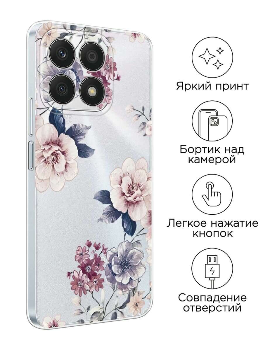 Чехол на Honor X8A / Хонор X8A с принтом "Нежные винтажные цветы", прозрачный — фото 1