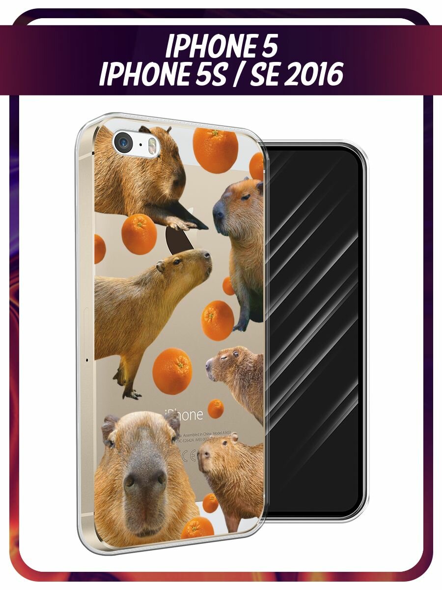 Чехол на Apple iPhone 5/5S/SE / Айфон 5/5S/SE с принтом "Капибара и апельсины", прозрачный