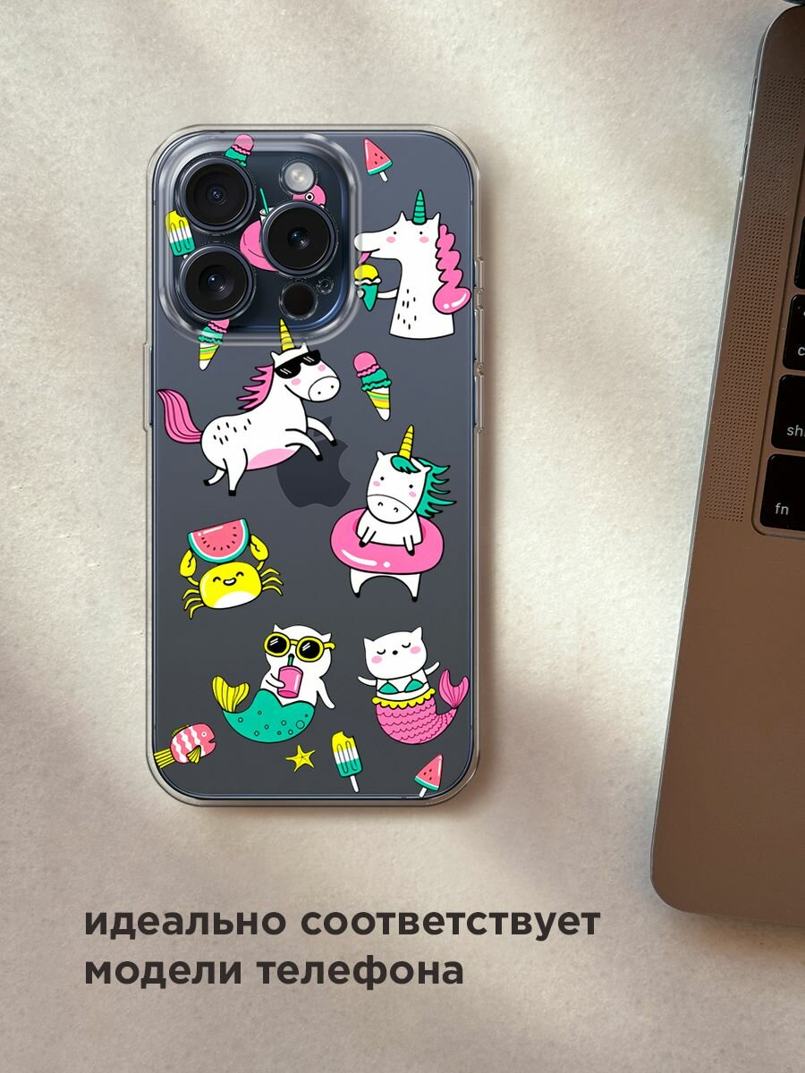 Чехол на Apple iPhone 15 Pro / Айфон 15 Про с принтом "Единороги в отпуске", прозрачный — фото 1