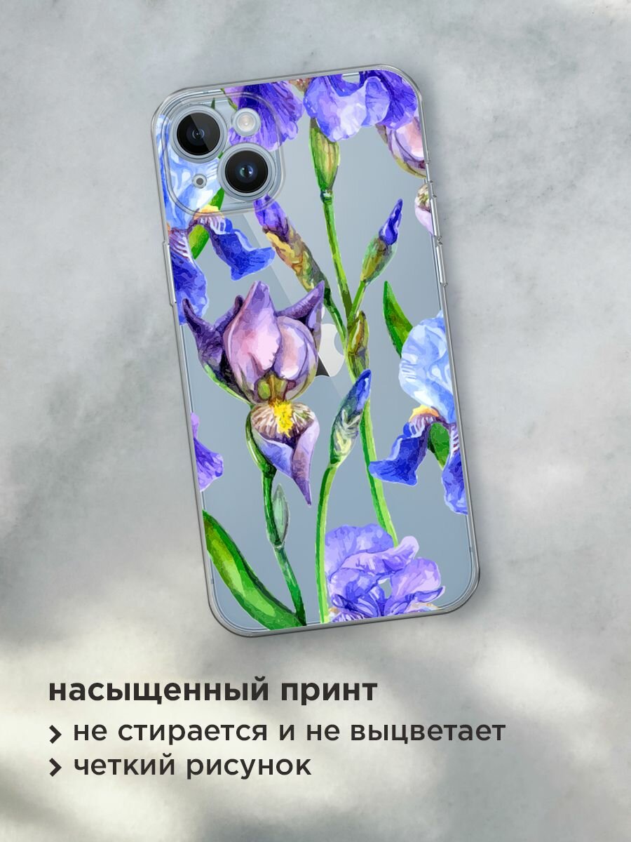 Чехол на Apple iPhone 14 / Айфон 14 с принтом "Синие ирисы", прозрачный — фото 1