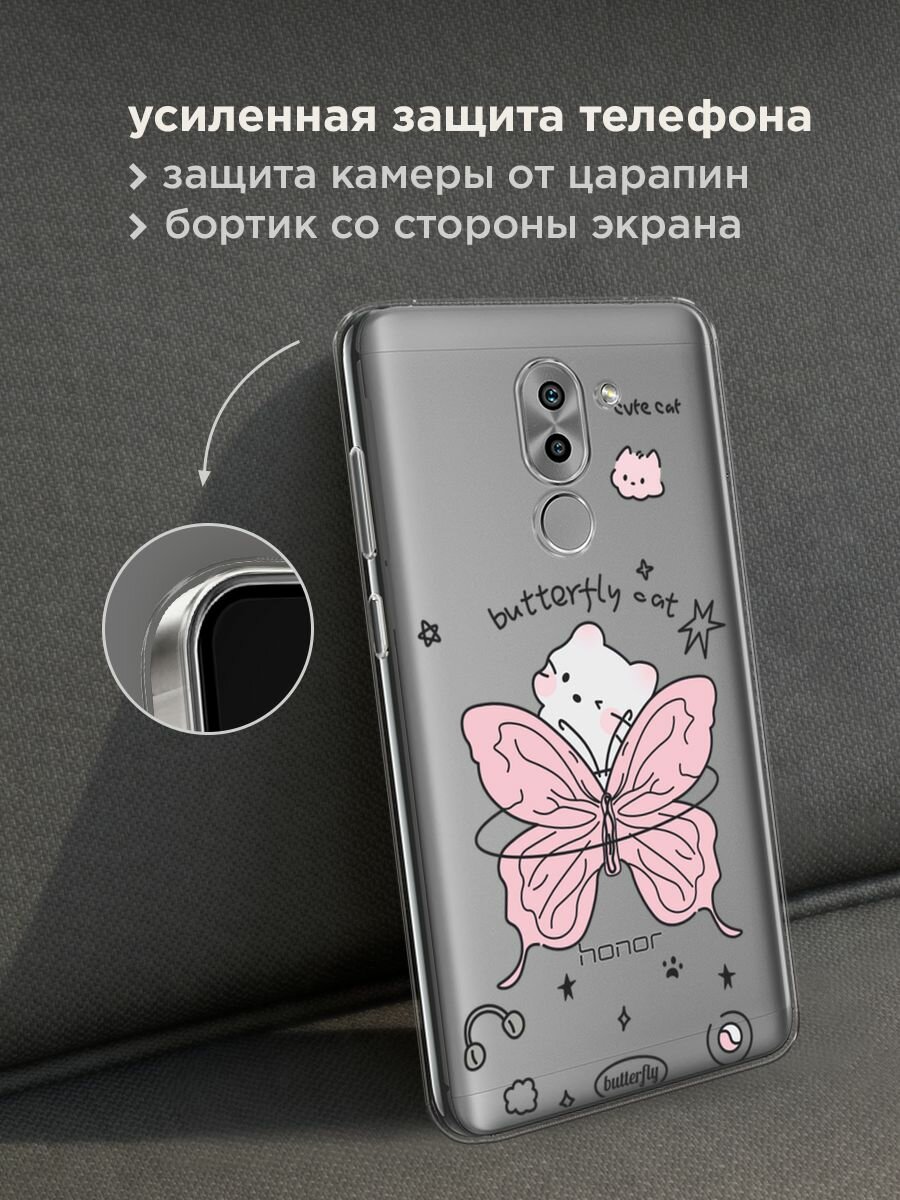 Чехол на Honor 6X / Хонор 6Х с принтом "Котик-бабочка", прозрачный — фото 1