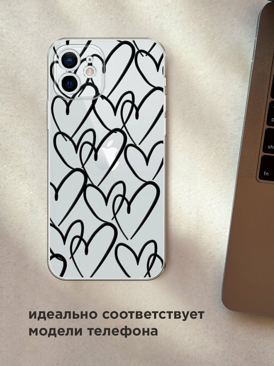 Чехол на Apple iPhone 12 mini / Айфон 12 Мини с принтом "Hearts doodle black 1" — фото 1